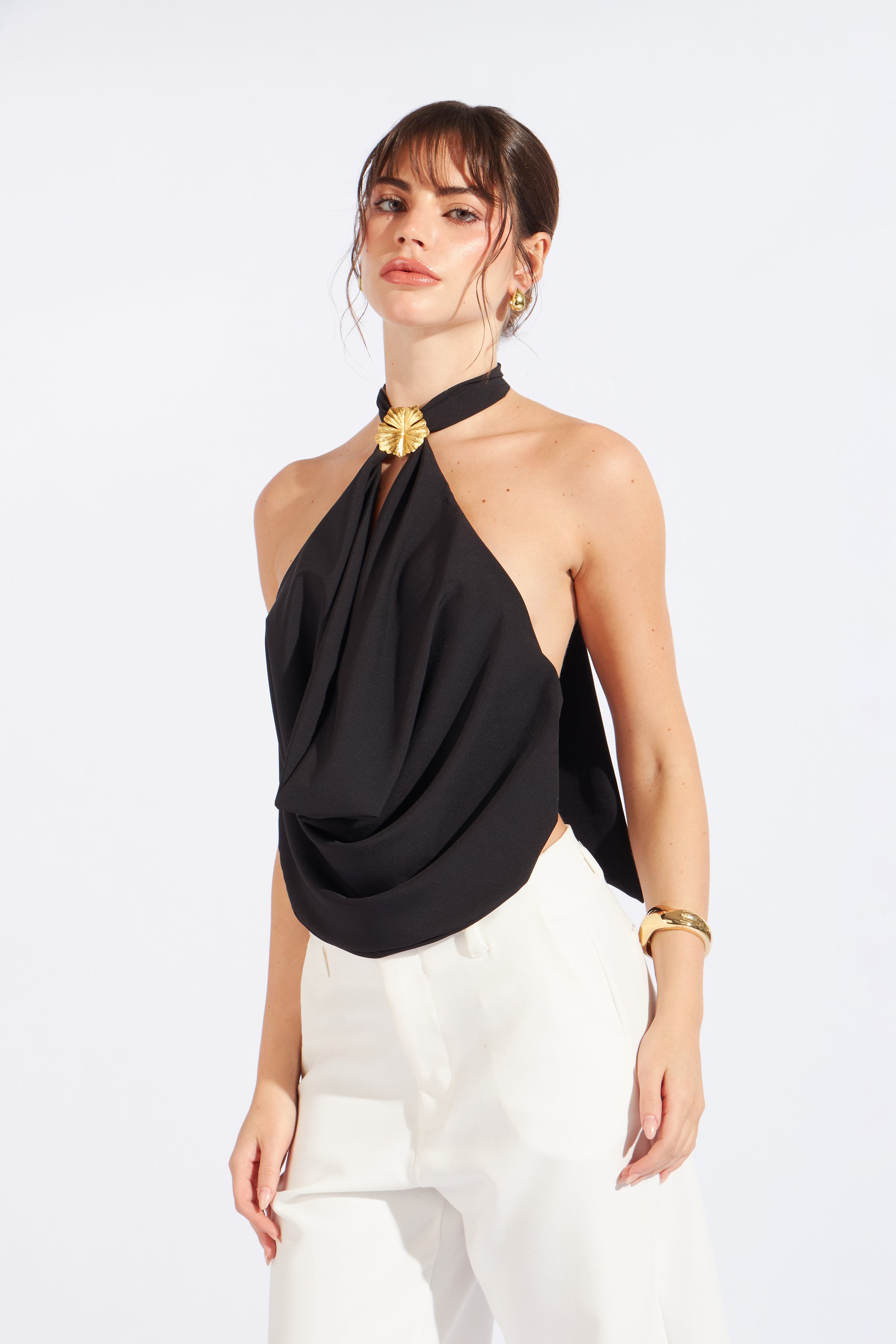 Top Drapeado Regulable con Adorno - Negro